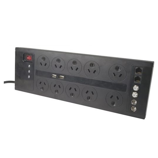 Powertech Powerboard Surge Protection USB 10 Way 10A 250V 1M Black | Cetnaj