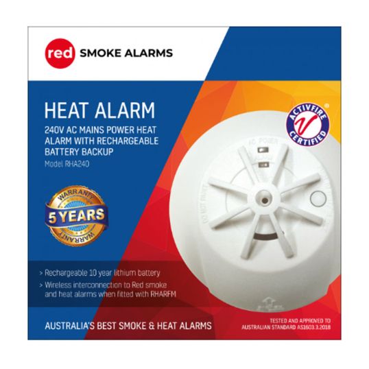 Red Smoke Alarms Heat Alarm 240VAC Mains Power with Sealed Lithium ...